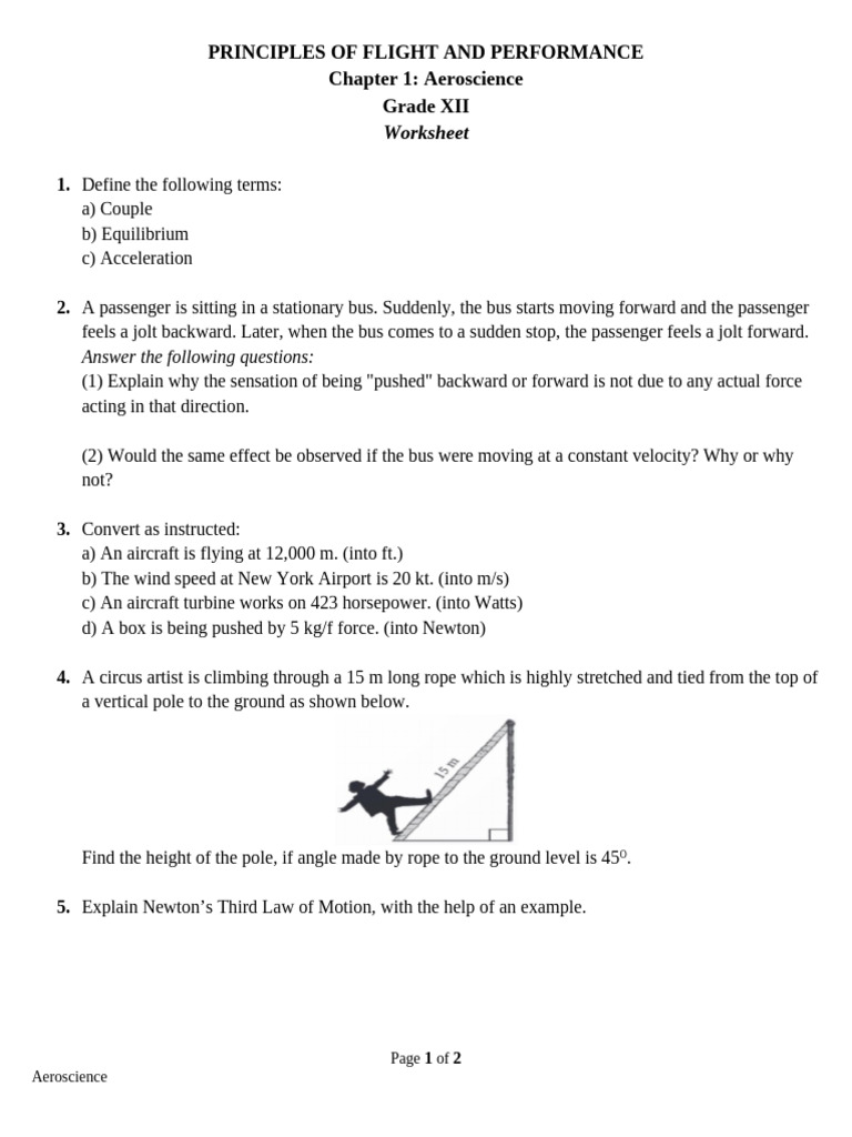 Principles of Flight: Grade XII Worksheet | PDF | Force | Aircraft