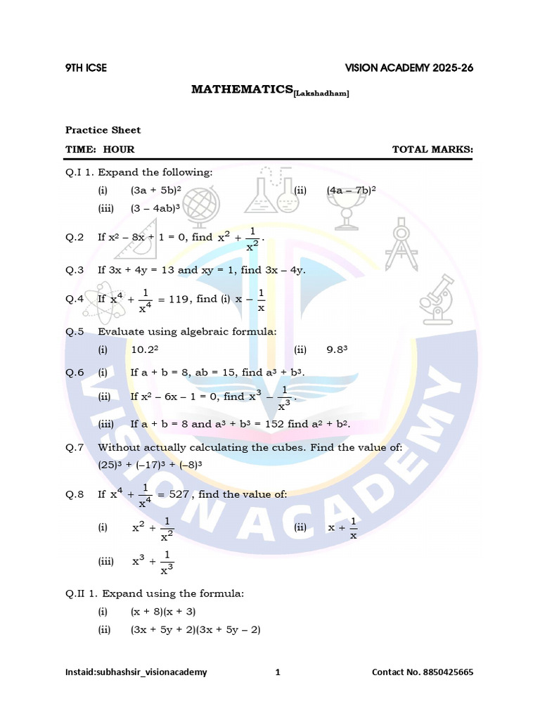 Lakshadham Math Practice Sheet 2025 | PDF | Mathematics | Algebra