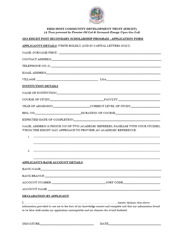 2024 EHCDT Post Secondary Scholarship Application Form | PDF