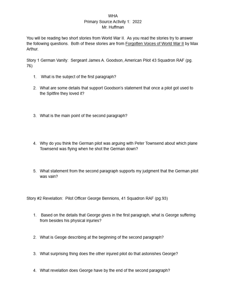 WHA Primary Sources Activity 1 2022 BOB 1940 | PDF