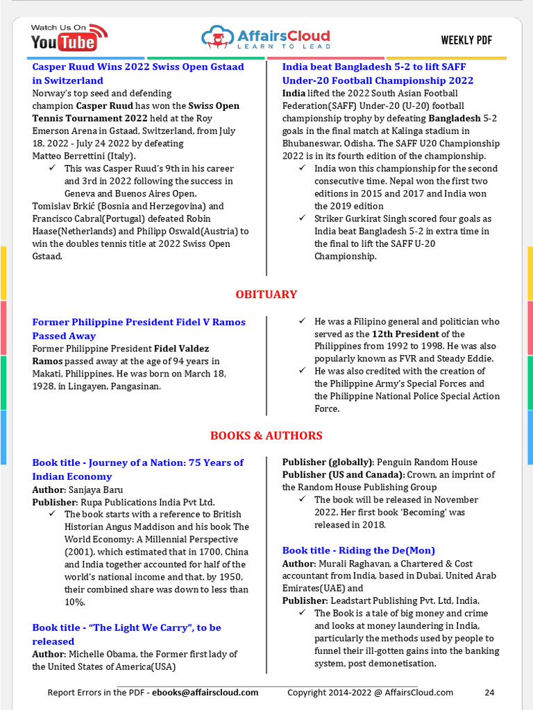 Current Affairs Weekly Content PDF August 2022 1st Week by AffairsCloud ...