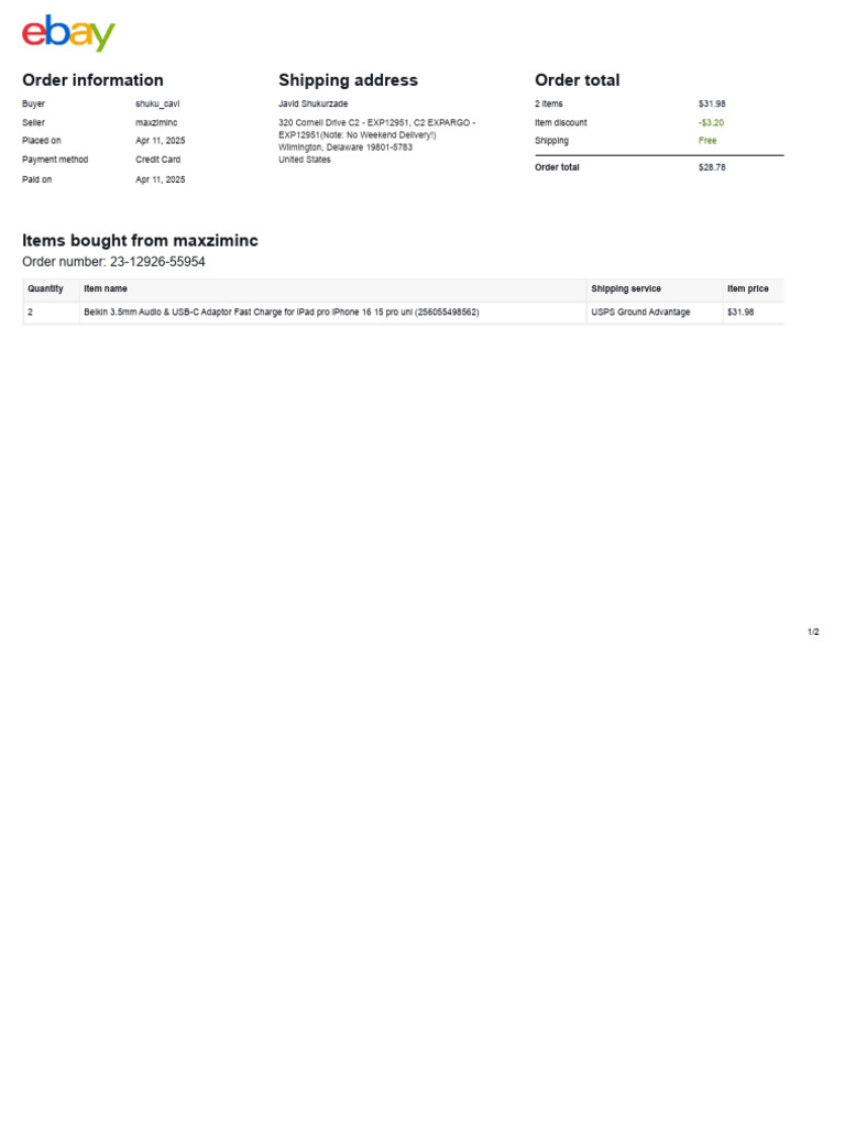 Order Details _ EBay | PDF