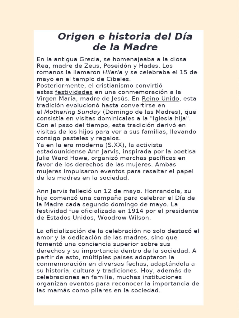Origen Del Dia De La Madre Pdf