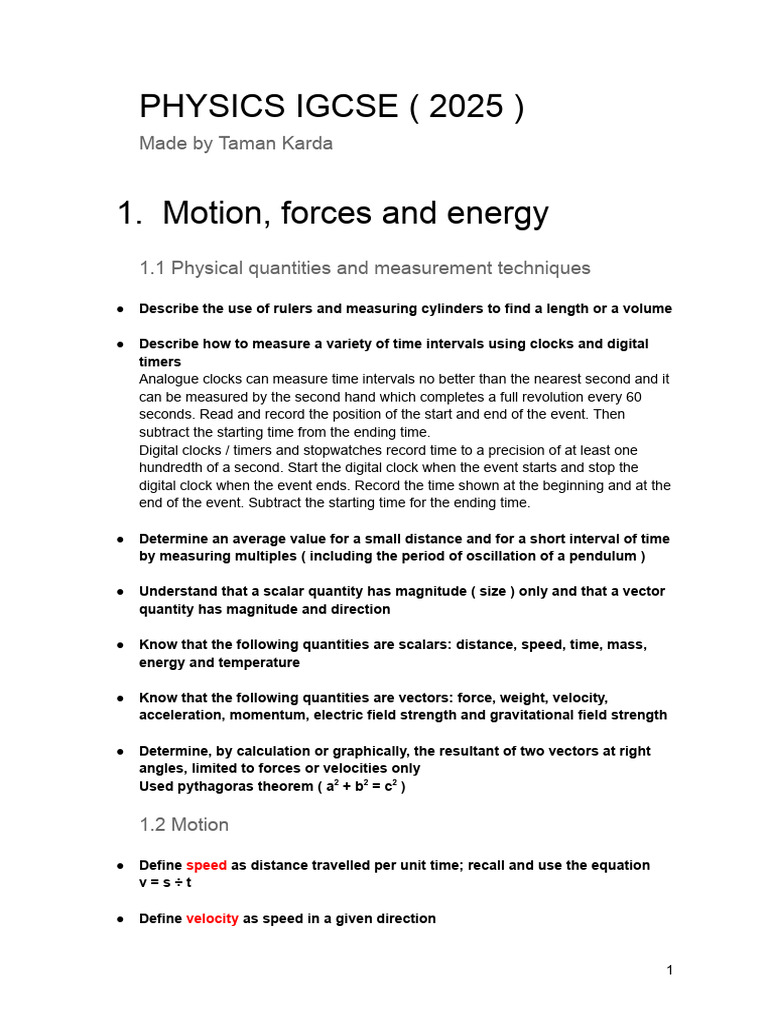 IGCSE Physics 2025: Motion & Forces Guide | PDF | Gases | Liquids