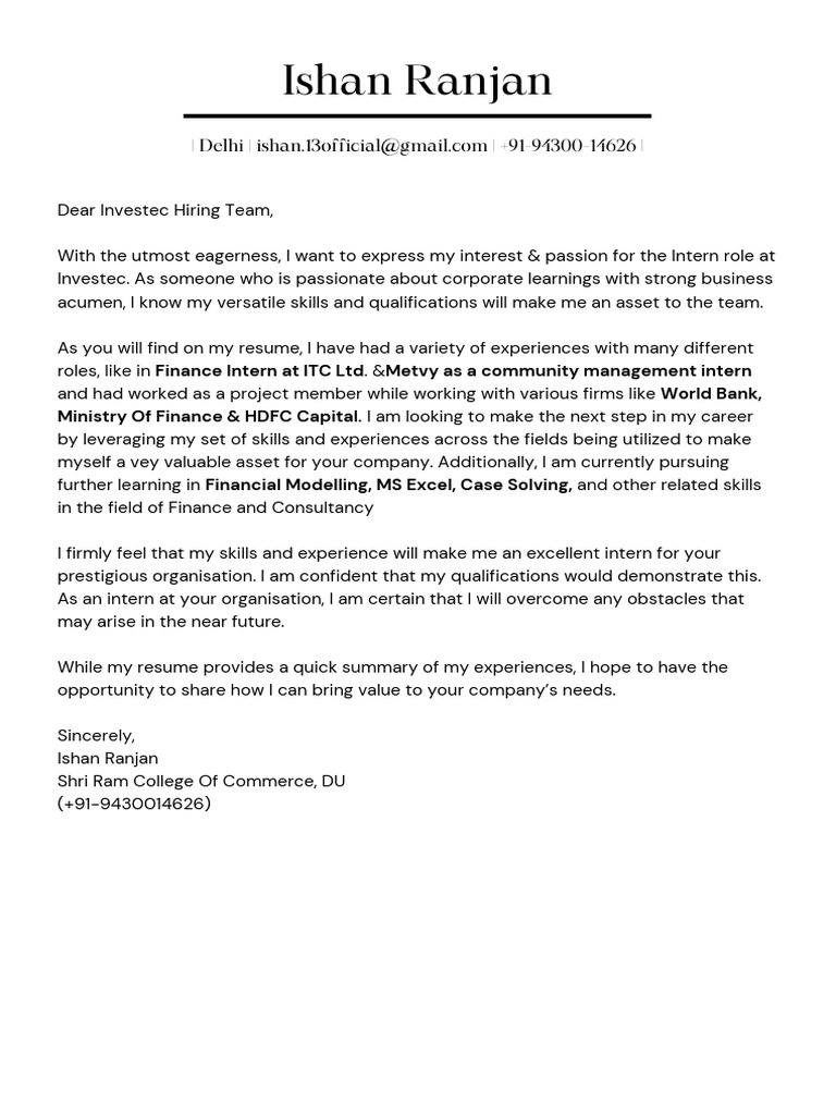 Cover Letter - Investec | PDF