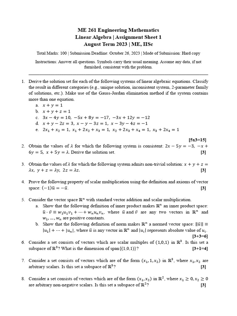 Linear Algebra Assignment 1 | PDF | Vector Space | Linear Subspace