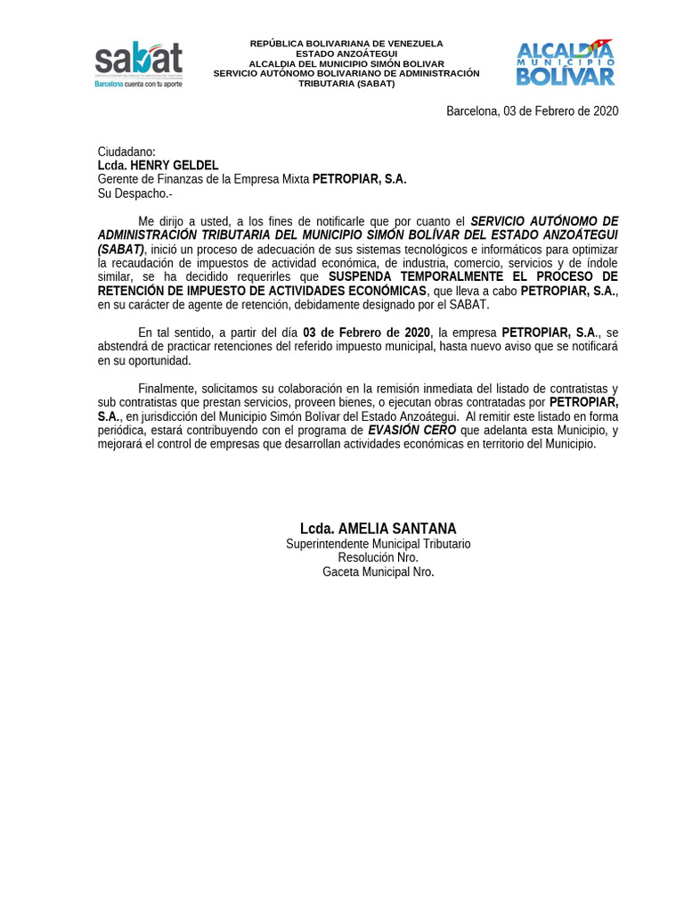 Sabat Petropiar Sobre Retenciones | PDF