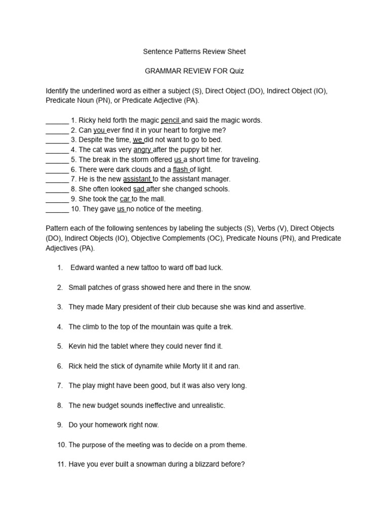 Basic Sentence Pattern Quiz Review Handout | PDF | Predicate (Grammar ...