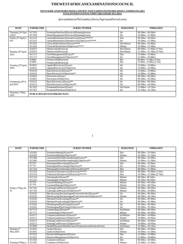 WAEC GCE Timetable 2025 Overview | PDF