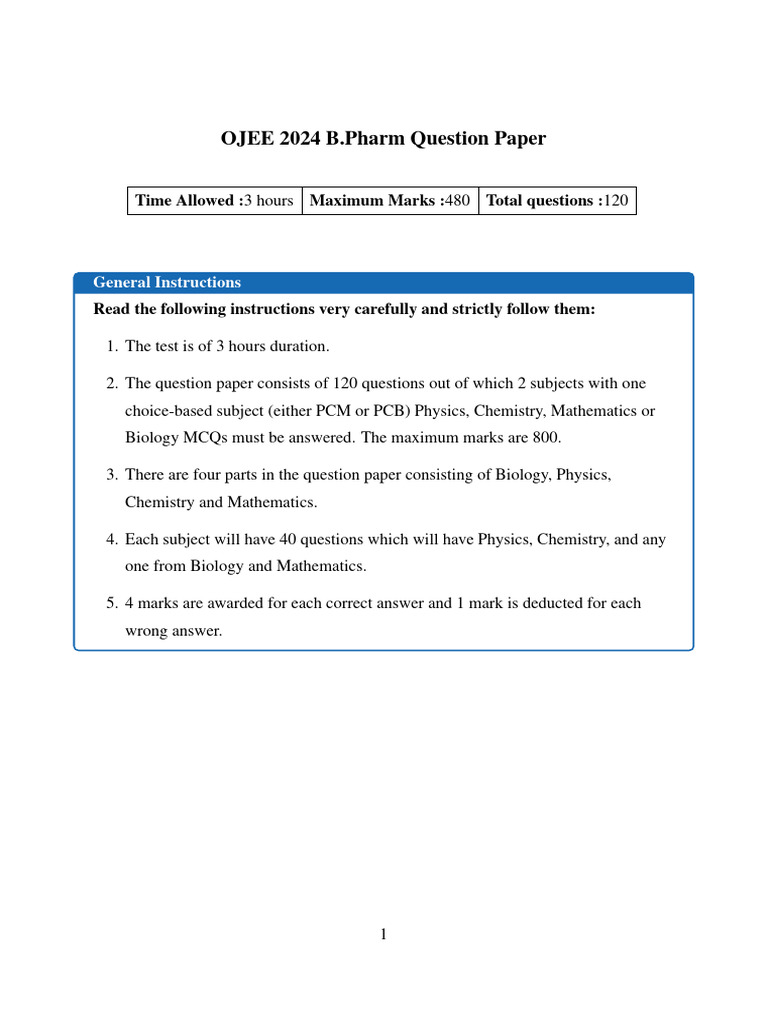 OJEE 2024 B.Pharm Question Paper | PDF | Isotope | Molecules