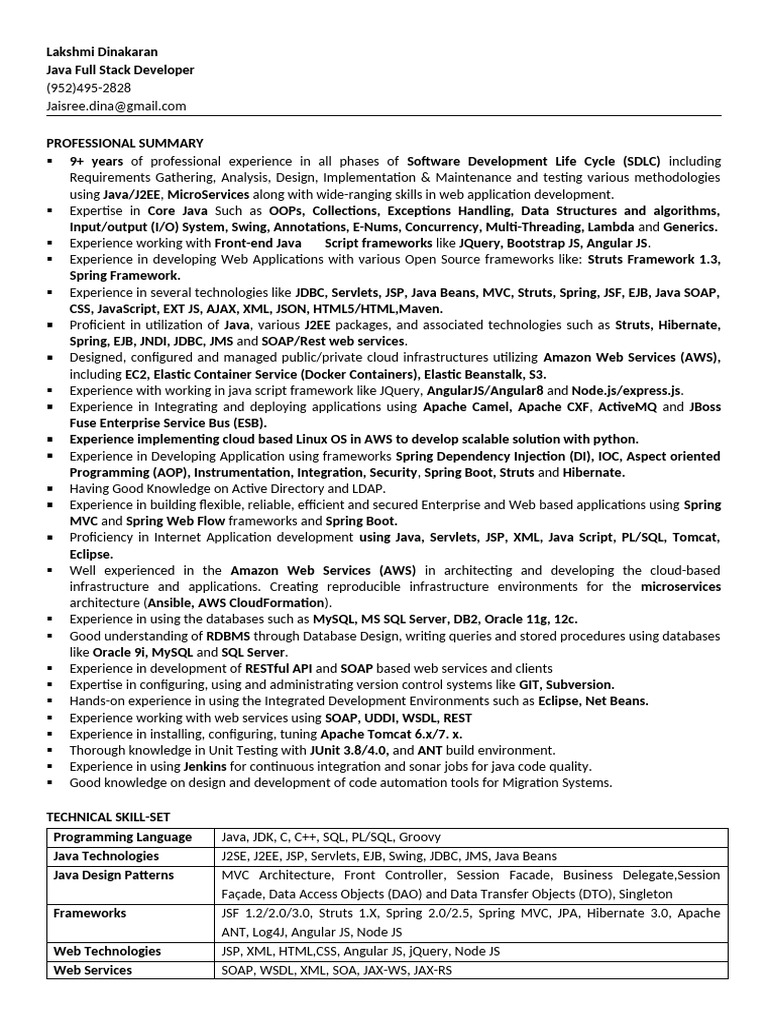 Lakshmi Dinakaran - Java Developer-9+ Exp | PDF | Spring Framework | Angular Js