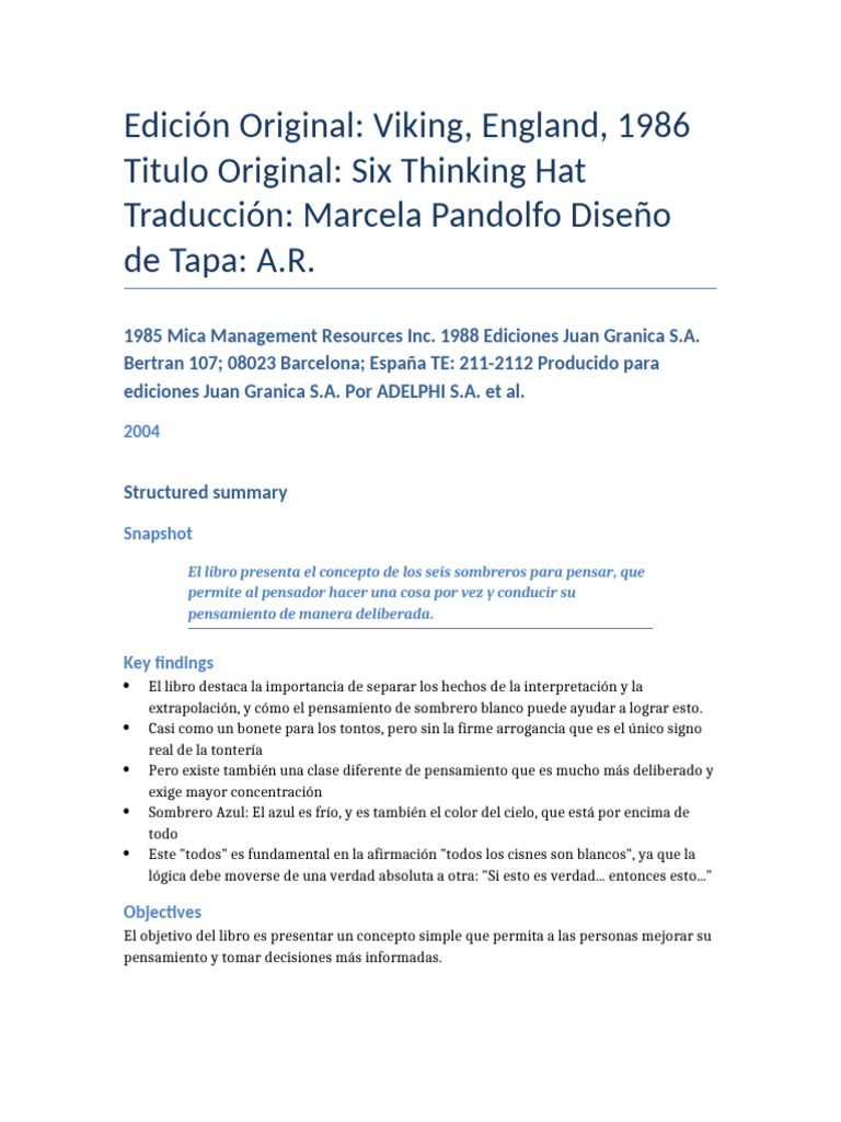 6 Sombreros para Pensar - Edward de Bono PDF | PDF | Pensamiento | Ciencia cognitiva