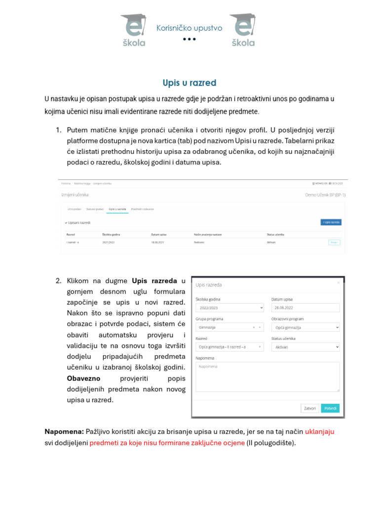 Upis_u_razred_Upute | PDF