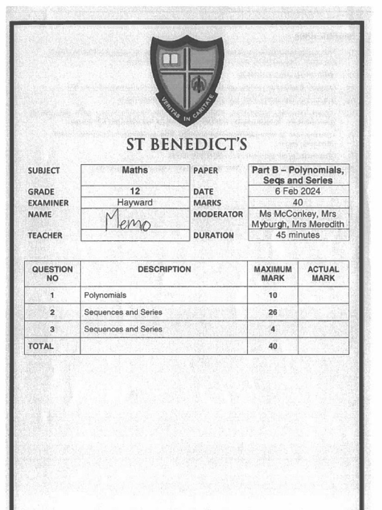 2b. Polynomials, Sequences and Series Memo | PDF