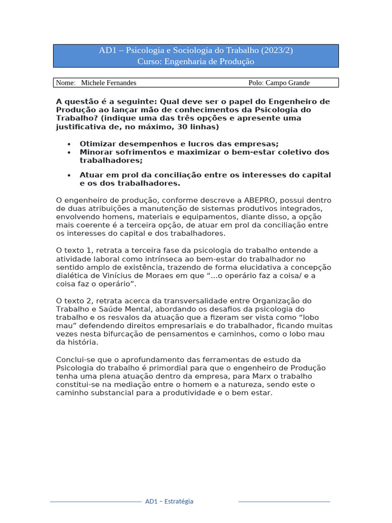 Ad1 2023.2 - Psicologia e Sociologia Do Trabalho | PDF