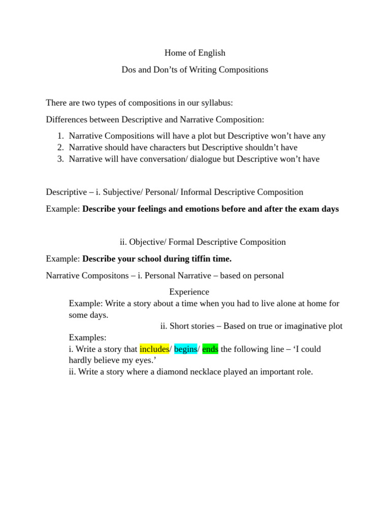 Dos and Don'Ts in Compostion Writing | PDF | Narrative | Word