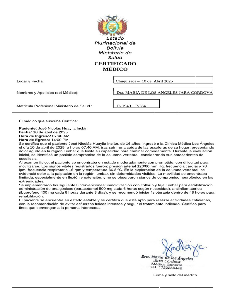 Certificado Medico Jose Nicolas Huaylla Inclan II | PDF ...