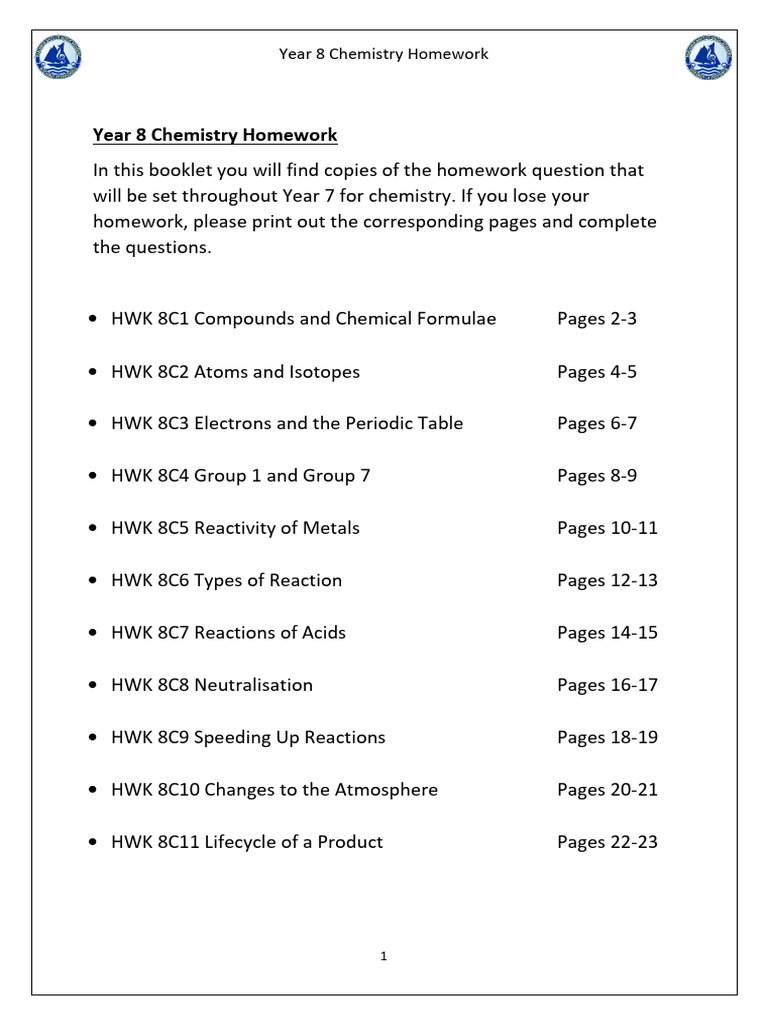 Year 8 Chemistry Homework Guide | PDF | Atoms | Periodic Table