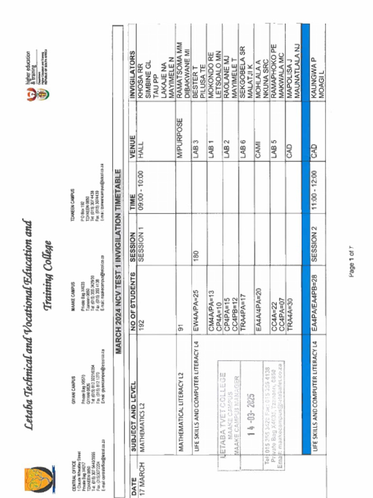 NCV Test 1 Invigilation Ttable | PDF
