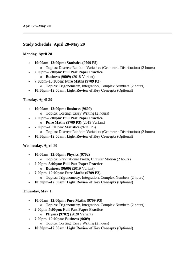 Study Schedule for Exams: April-May 2023 | PDF | Probability ...