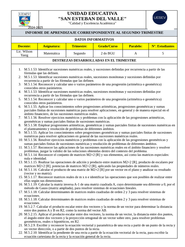 INFORME APRENDIZAJE 2 Do BGU MATEMATICA 2 | PDF | Matriz (Matemáticas) | Vector Euclidiano