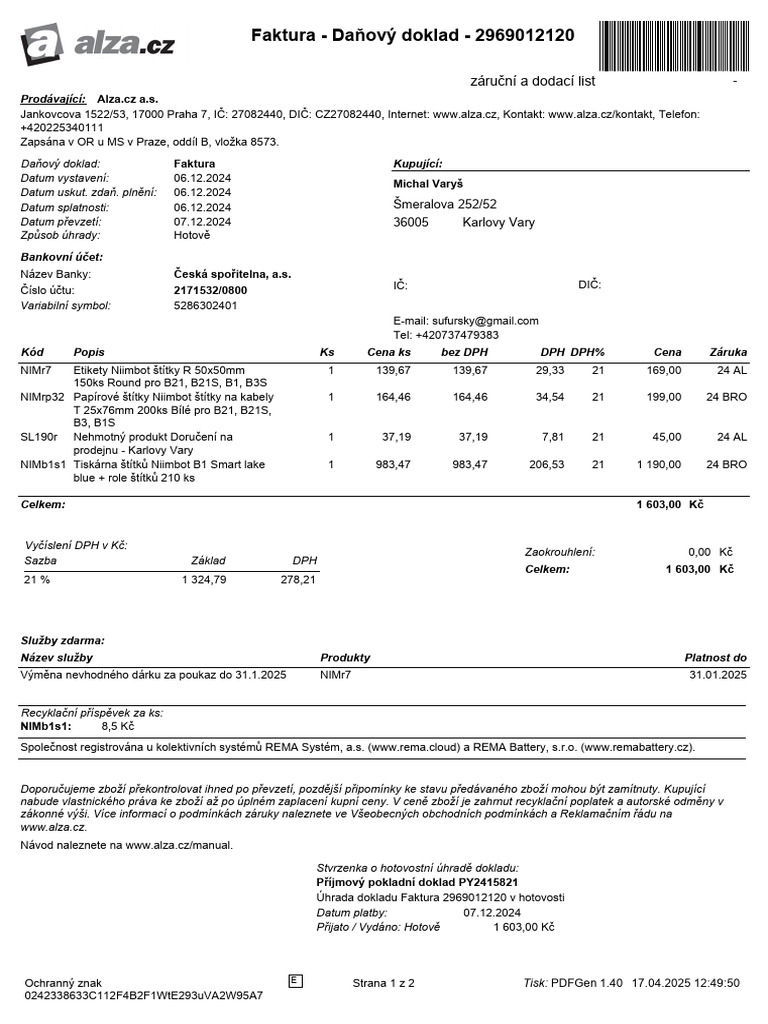 Faktura - Daňový Doklad - 2969012120: Záruční A Dodací List | PDF