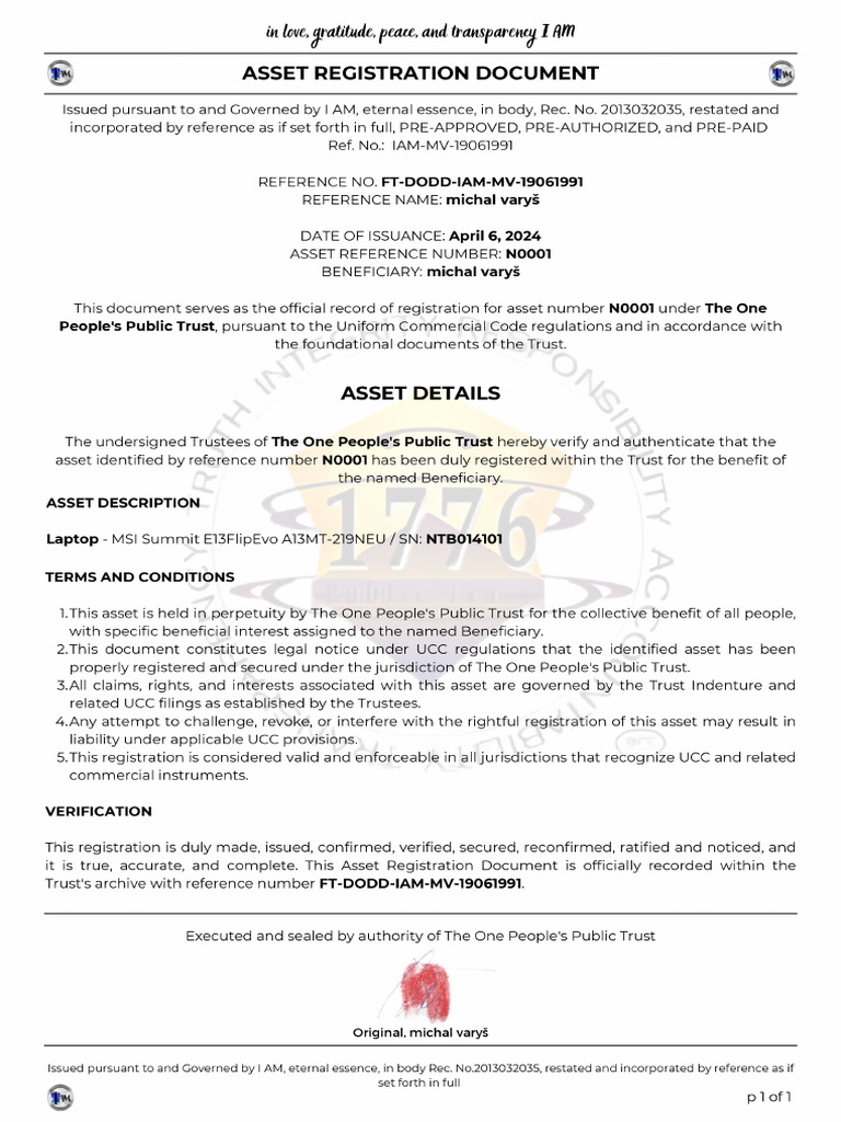 ASSET REGISTRATION DOCUMENT UCC FILING REFERENCE FT-DODD-IAM-mv-19061991 ASSET REGISTRATION ...