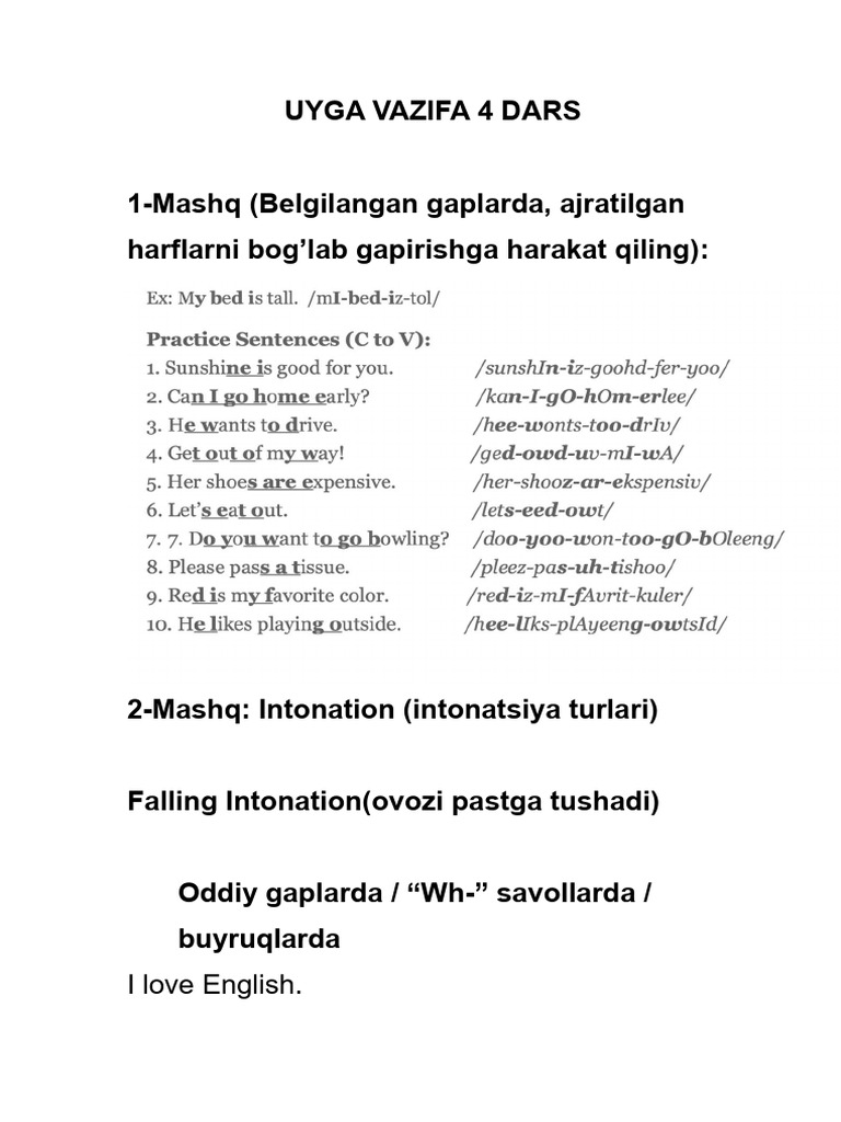 Uyga Vazifa 4 Dars | PDF