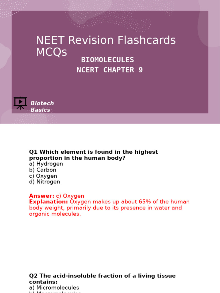 NEET Biomolecules MCQs Flashcards | PDF | Nucleotides | Enzyme