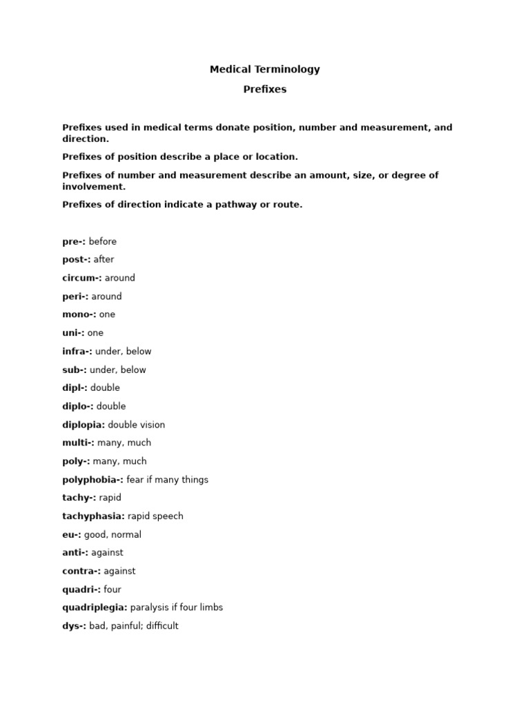 Medical Prefixes: Position and Measurement | PDF