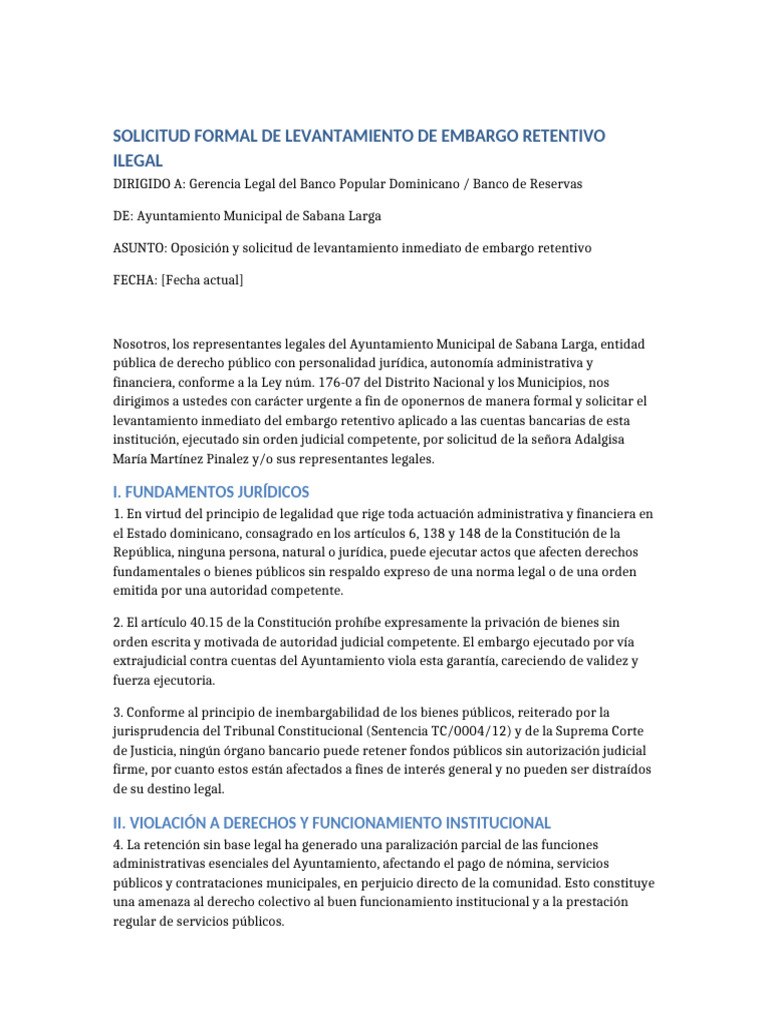 Solicitud - Robustecida - Levantamiento - Embargo - Retentivo 1 | PDF ...
