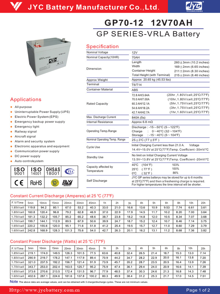 Datasheet 12V 70a-Jyc GP70-12 | PDF | Rechargeable Battery ...