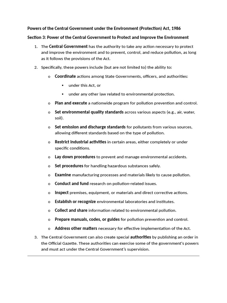 Powers of The Central Government Under The Environment | PDF ...