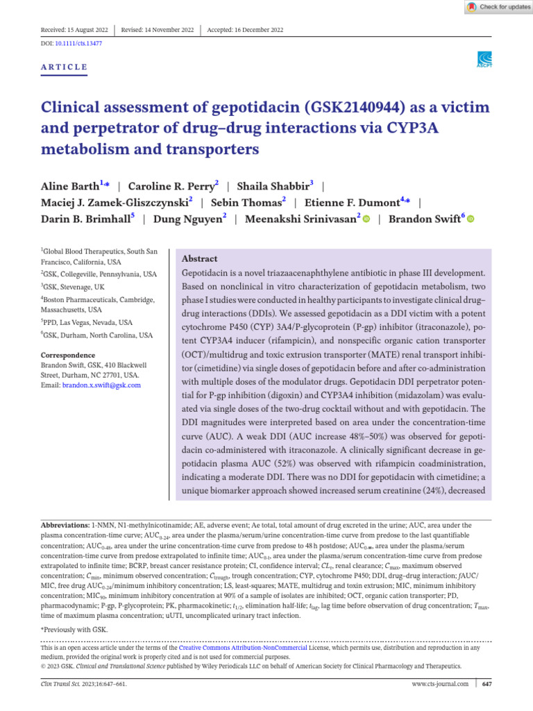 Clinical Translational Sci - 2023 - Barth - Clinical Assessment of Gepotidacin GSK2140944 As A ...