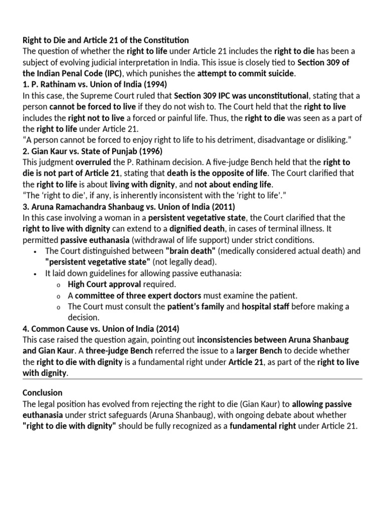 Right To Die and Article 21 of The Constitution | PDF | Justice | Crime ...