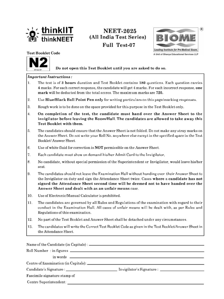 AITS-NEET Full Test-07 Eng Print | PDF