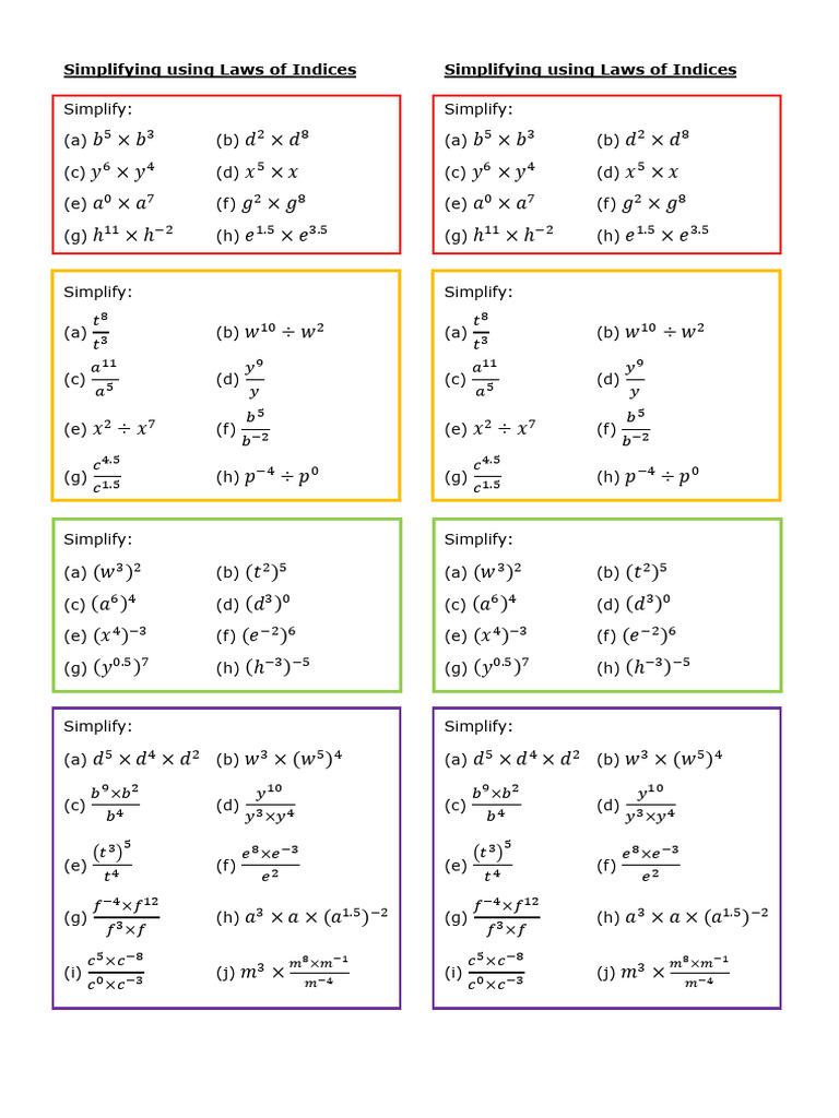 Simplifying Using Laws of Indices Practice Strips | PDF