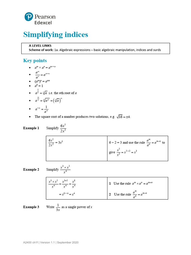 Example 9 Chapter 1 Simplifying Indices | PDF | Mathematics | Algebra