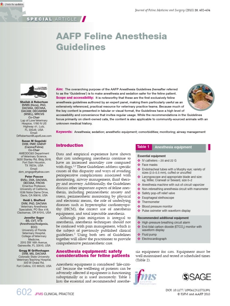 robertson-et-al-2018-aafp-feline-anesthesia-guidelines_compressed | PDF | Anesthesia | Clinical ...