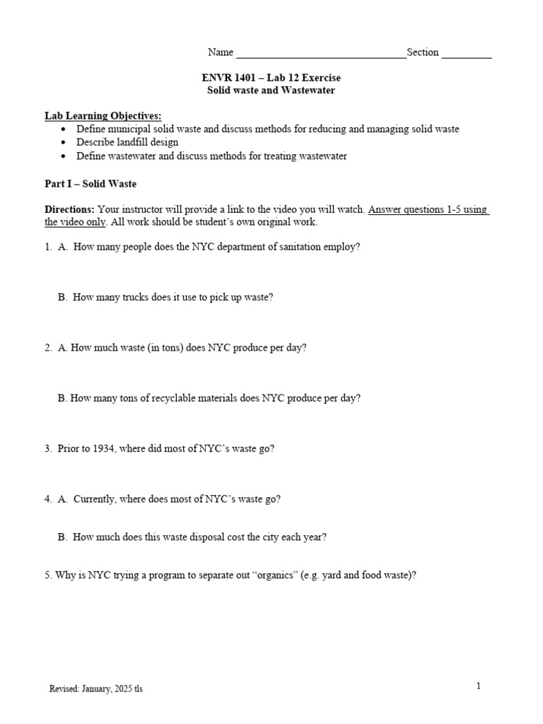 Lab 12 Solid Waste & Wastewater Exercise - 2025 - No Links-1 | PDF | Waste | Municipal Solid Waste