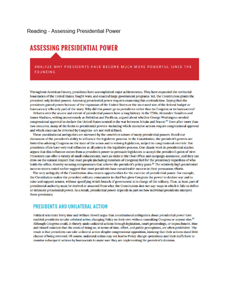 Reading - Assessing Presidential Power | PDF