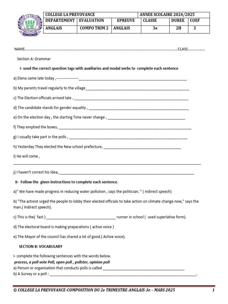Preuve D'anglais Sequence 4 Classe de 3ème Annee 2024-2025 College La Prevoyance Cameroun | PDF ...