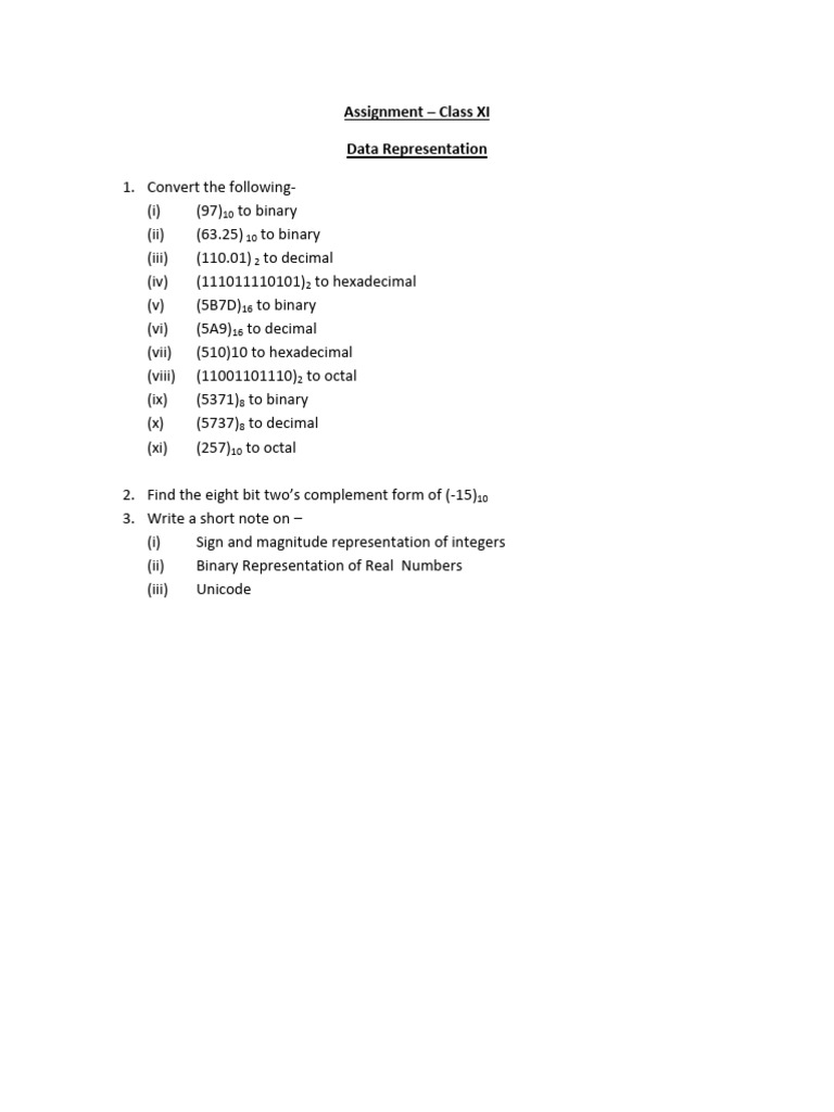 CBSE Class 11 Computer Worksheet - Data Representation | PDF