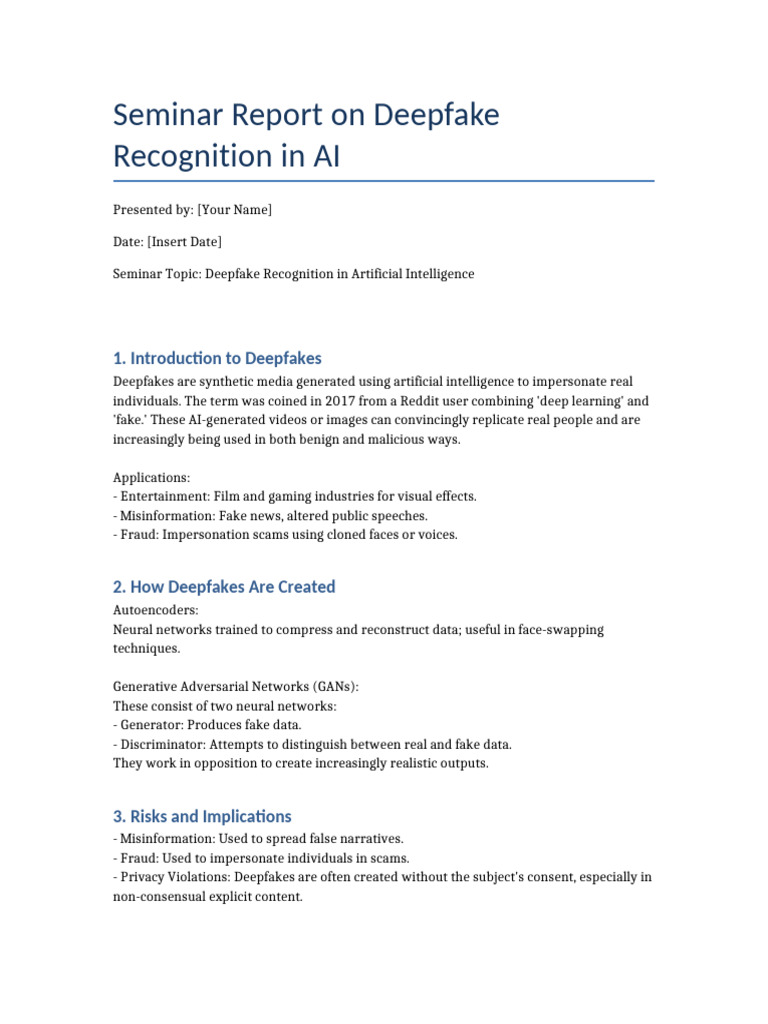 Deepfake Recognition and Risks | PDF | Artificial Intelligence ...