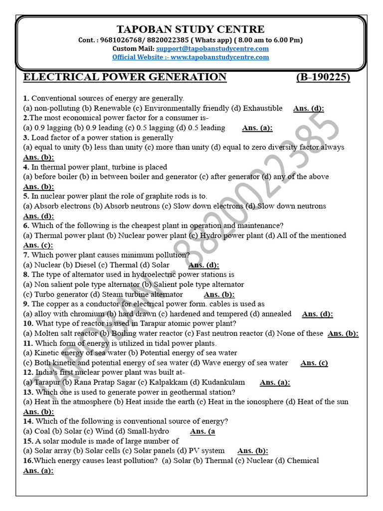 Electrical Power Generation (B-190225) One Page With Ans | PDF | Power ...
