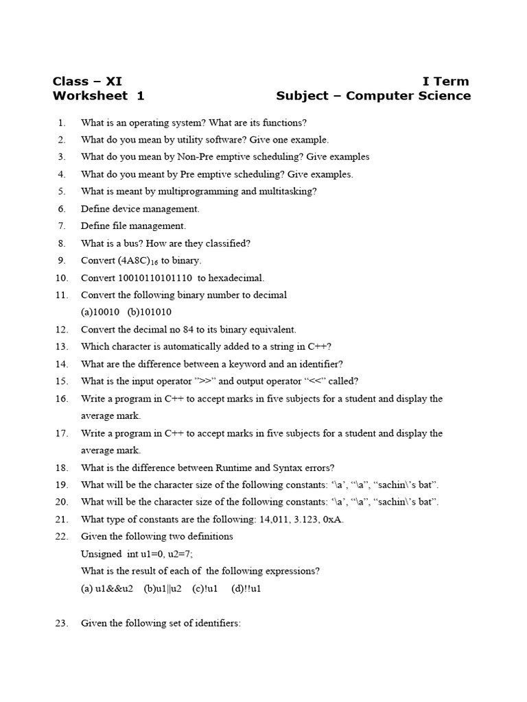 CBSE Class 11 Computer Worksheet - Revision | PDF | Computer Program | Programming