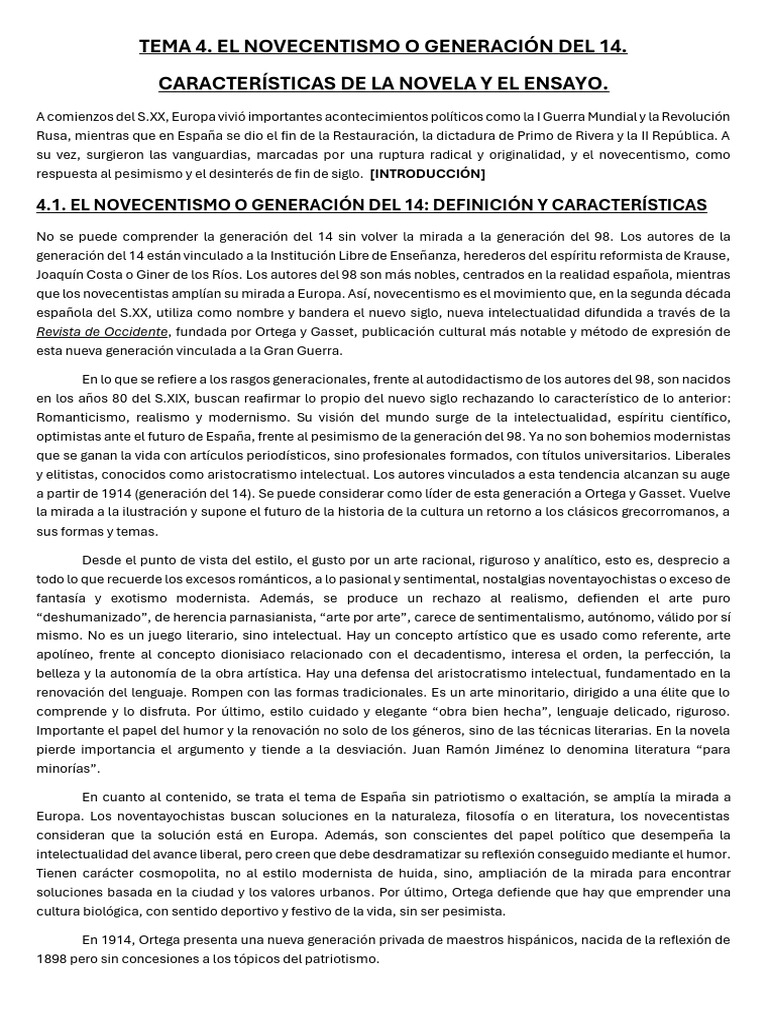 Tema 4. El Novecentismo o Generación Del 14. Características de La ...