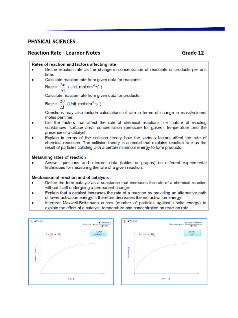 Grade 12 Reaction Rate Learner Notes Physical Sciences | PDF