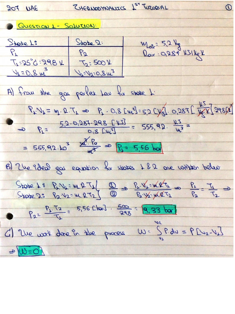 Tutorial 1 Thermo Dynamics Solutions | PDF