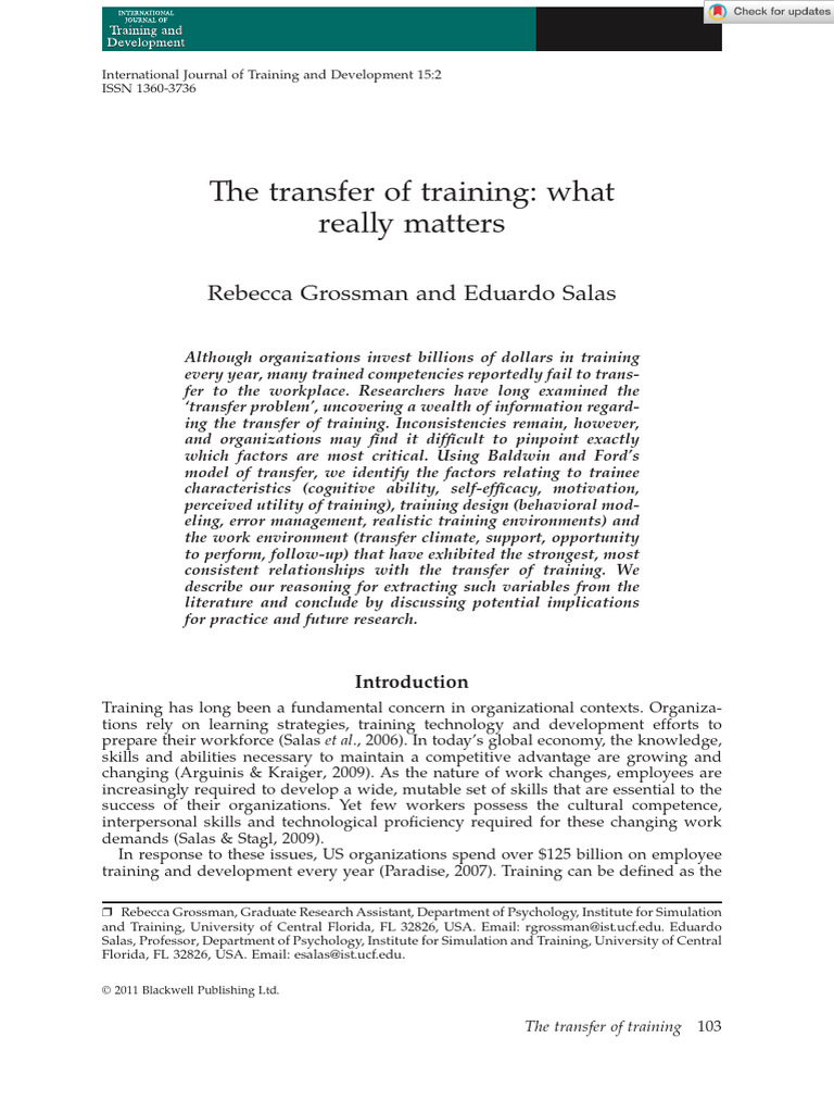 Key Factors in Training Transfer | PDF | Self Efficacy | Goal Setting